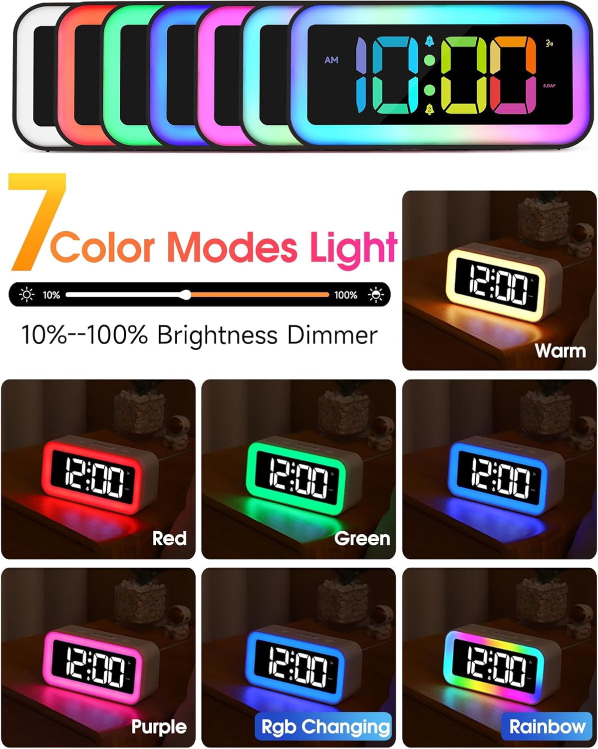 Clock for Bedrooms with Dynamic RGB Night Light,Heavy Sleepers Adults ...