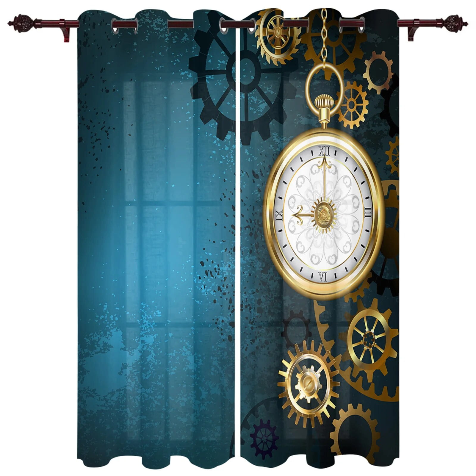 Clock Blue Background Window Curtain Modern European Style Curtains for ...