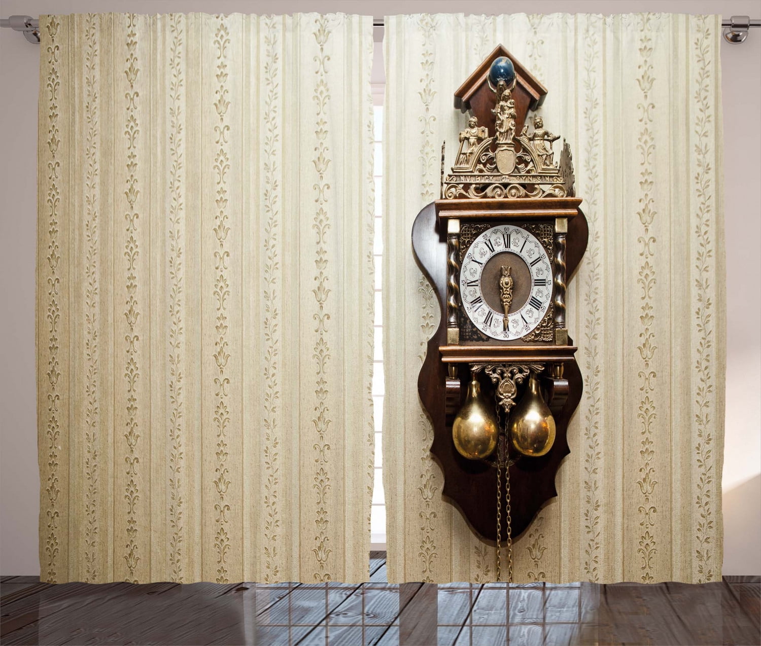 Ambesonne Antique Curtains 2 Panel Set, Wood Wall Carving Clock, 108" x ...