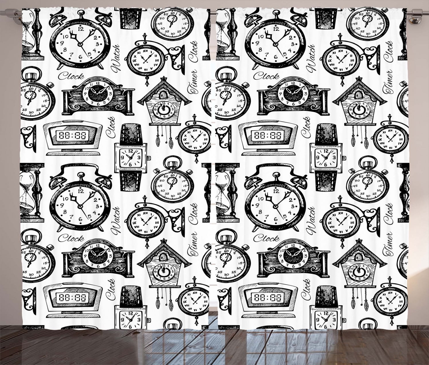 Ambesonne Vintage Curtains 2 Panel Set, Hand Drawn Clocks, 108" x 90 ...