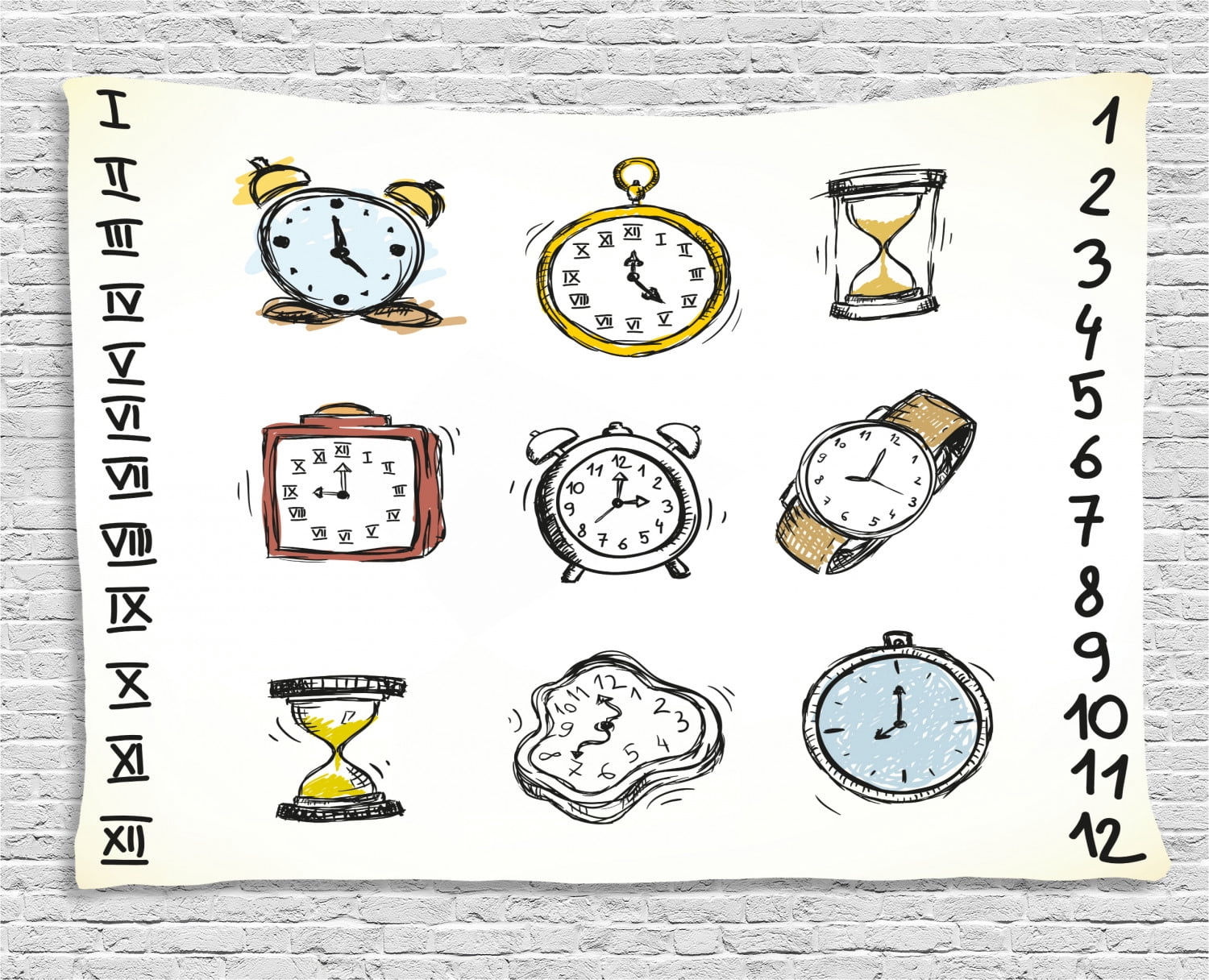 Clock Decor Tapestry, A Collection of Vintage Watches and Doodled ...