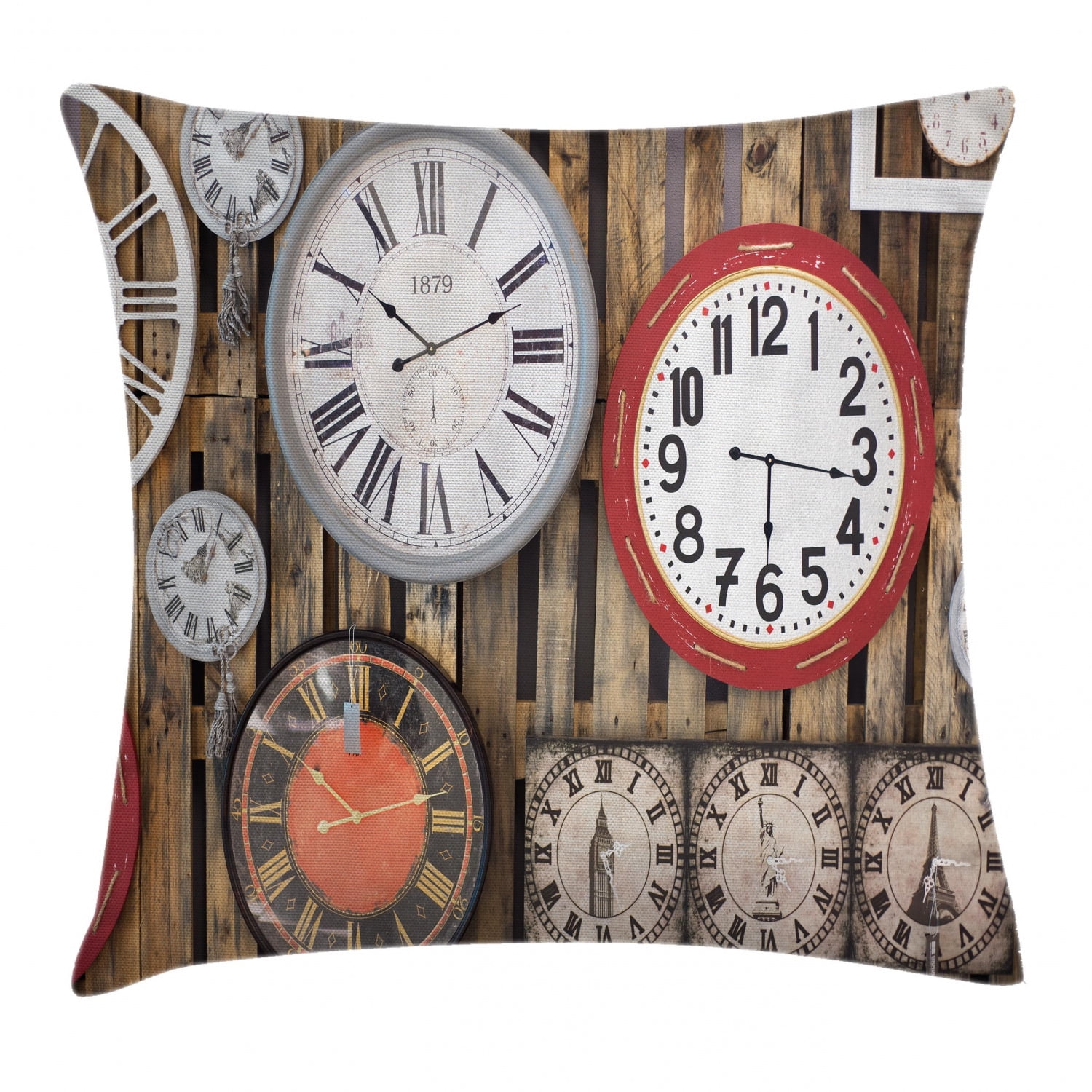 Clock Decor Throw Pillow Cushion Cover, Antique Clocks on the Wall ...