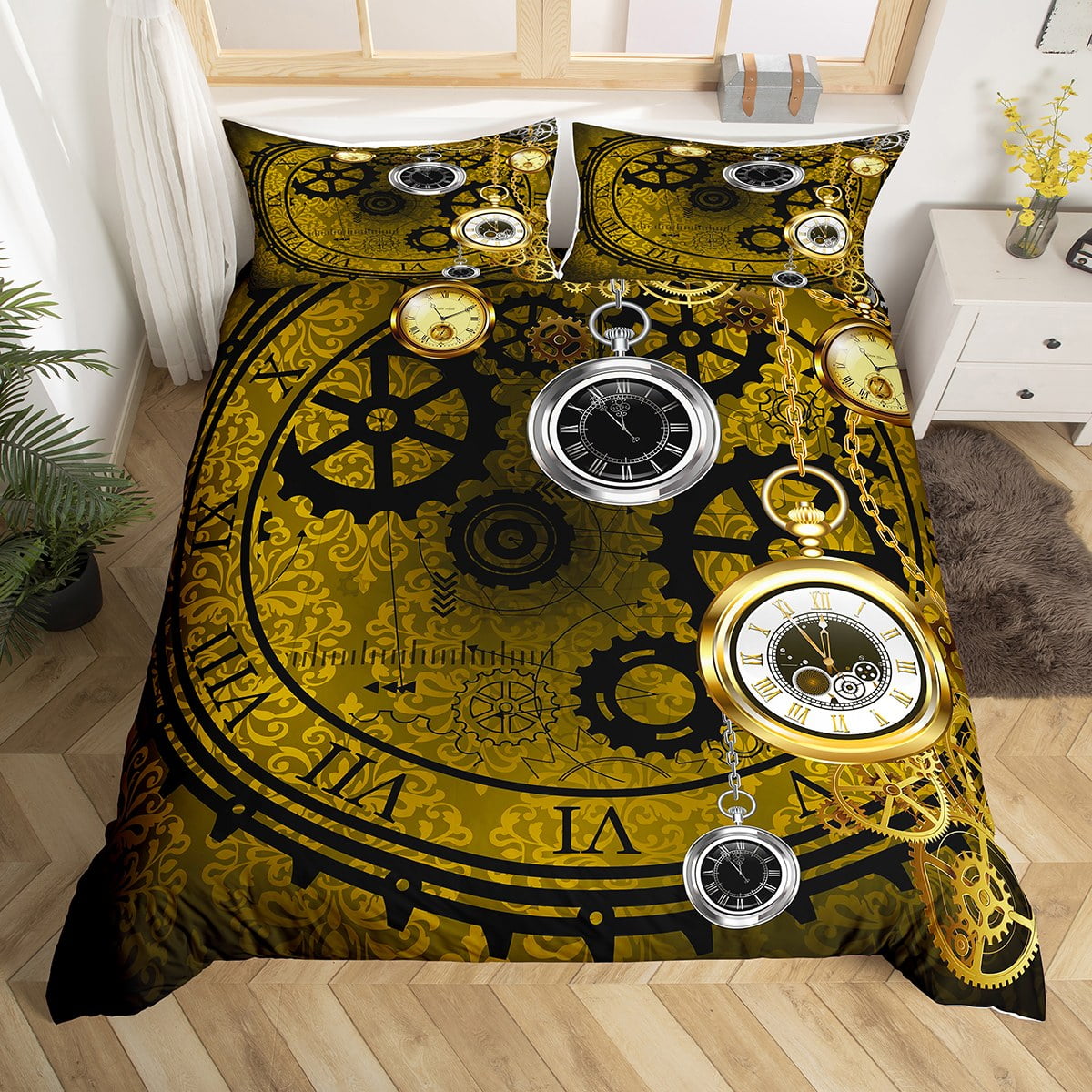 Clock Duvet Cover, Retro Steampunk Industrial Comforter Cover Pocket ...