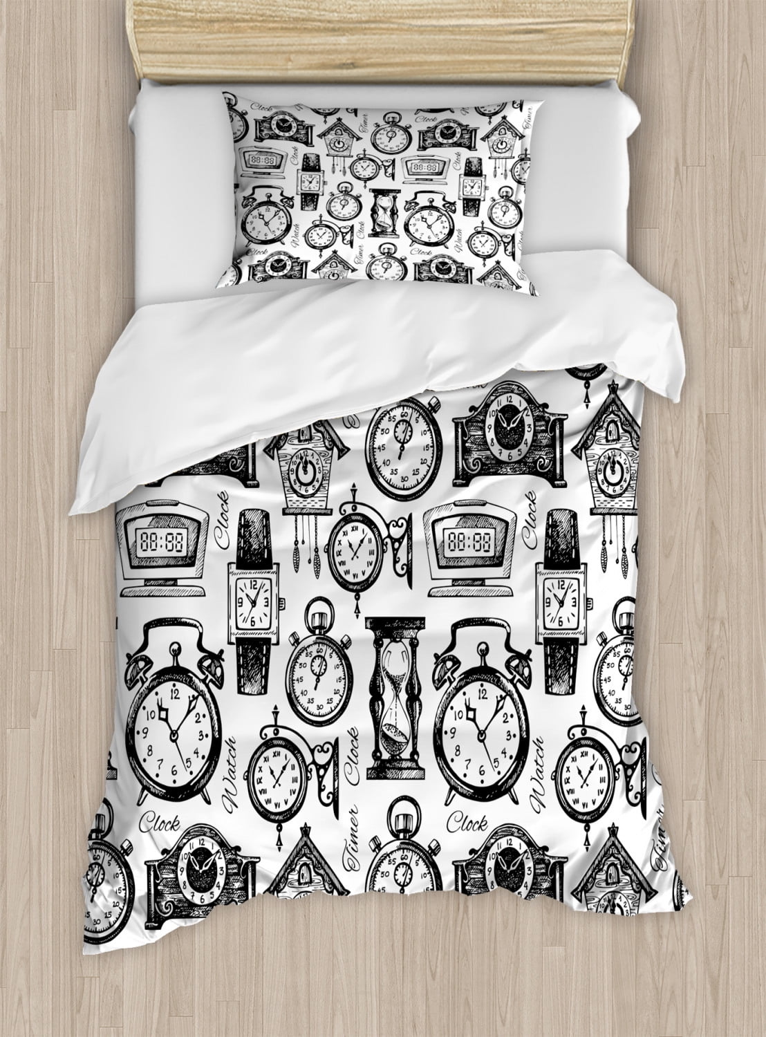 Clock Duvet Cover Set, Hand Drawn Clocks and Watches Illustration ...