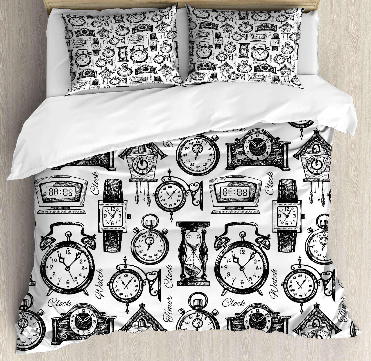 Clock Duvet Cover Set, Hand Drawn Clocks and Watches Illustration ...