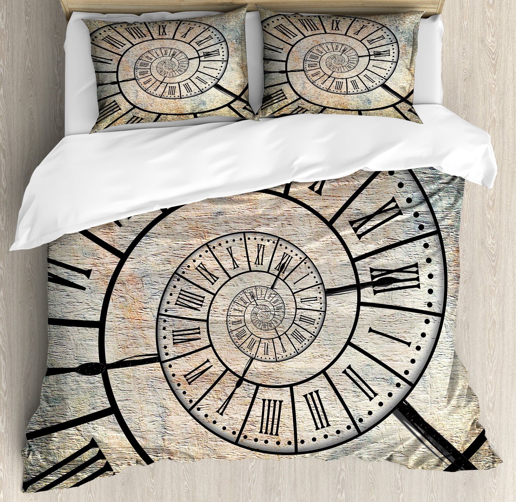 Clock Duvet Cover Set, Roman Digit Time Spiral on the Vintage Textured ...