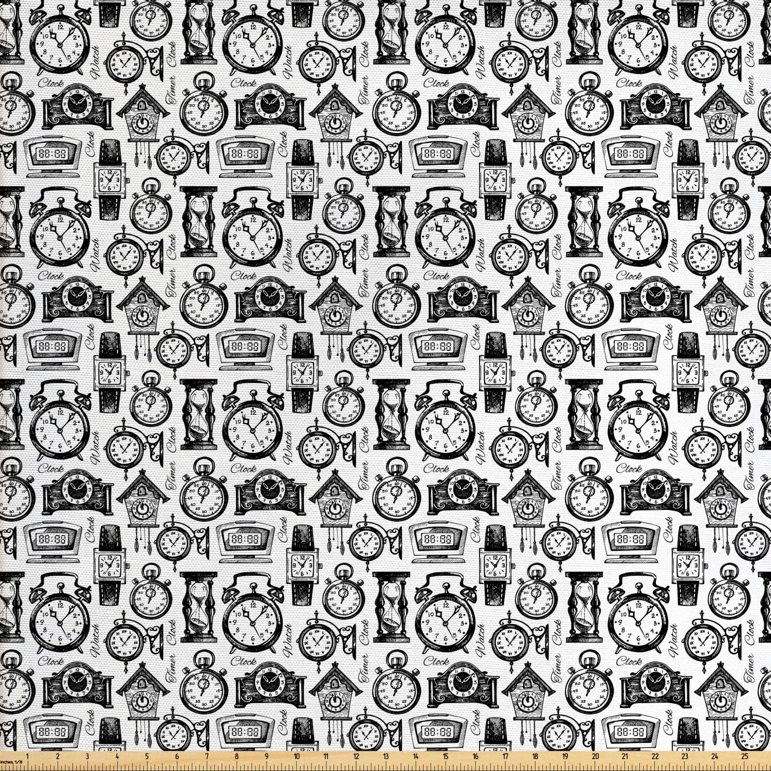 Clock Fabric by the Yard, Hand Drawn Clocks and Watches Illustration ...