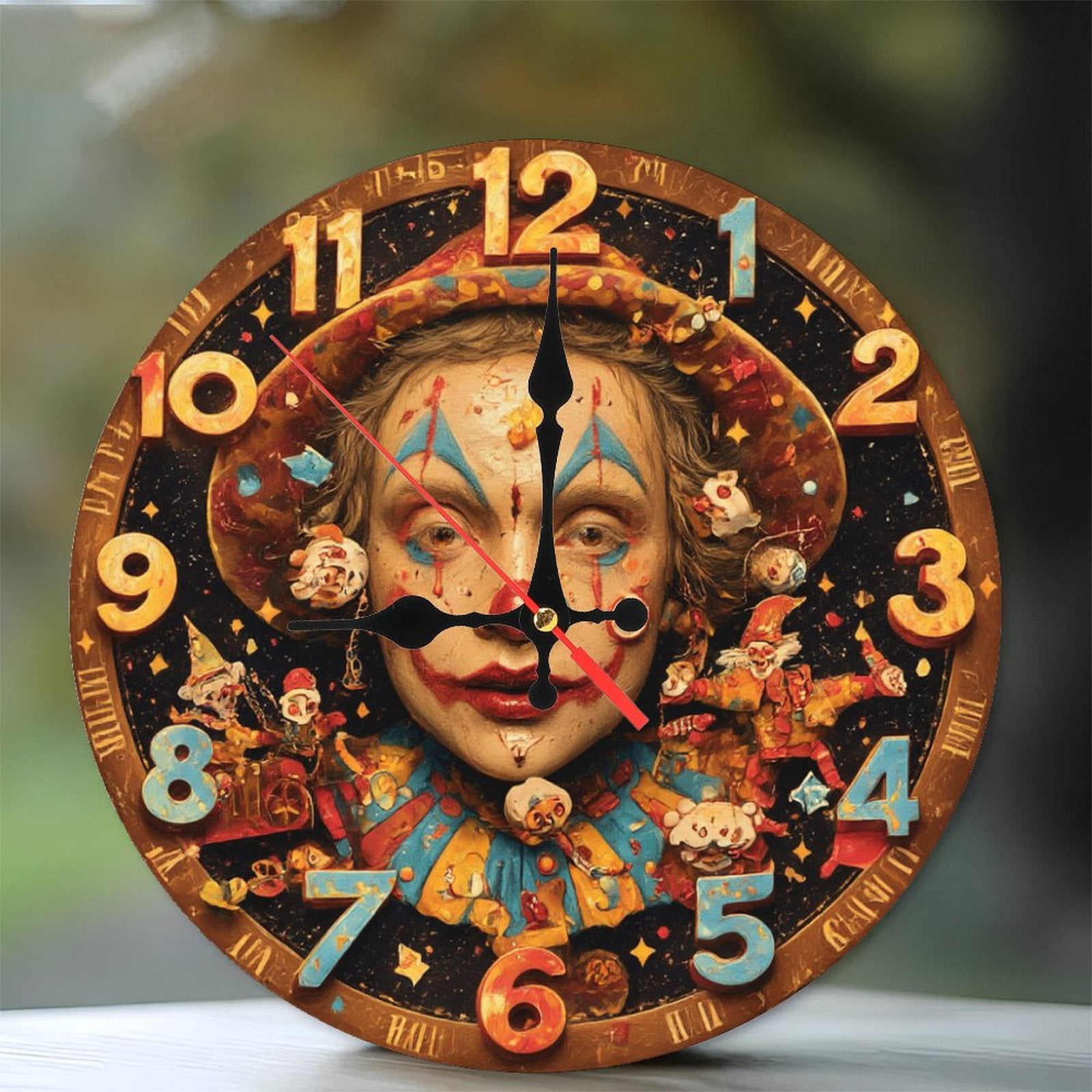 Clock Face Clown Painting Surreal Art Print 10-Inch Silent Wooden Wall ...