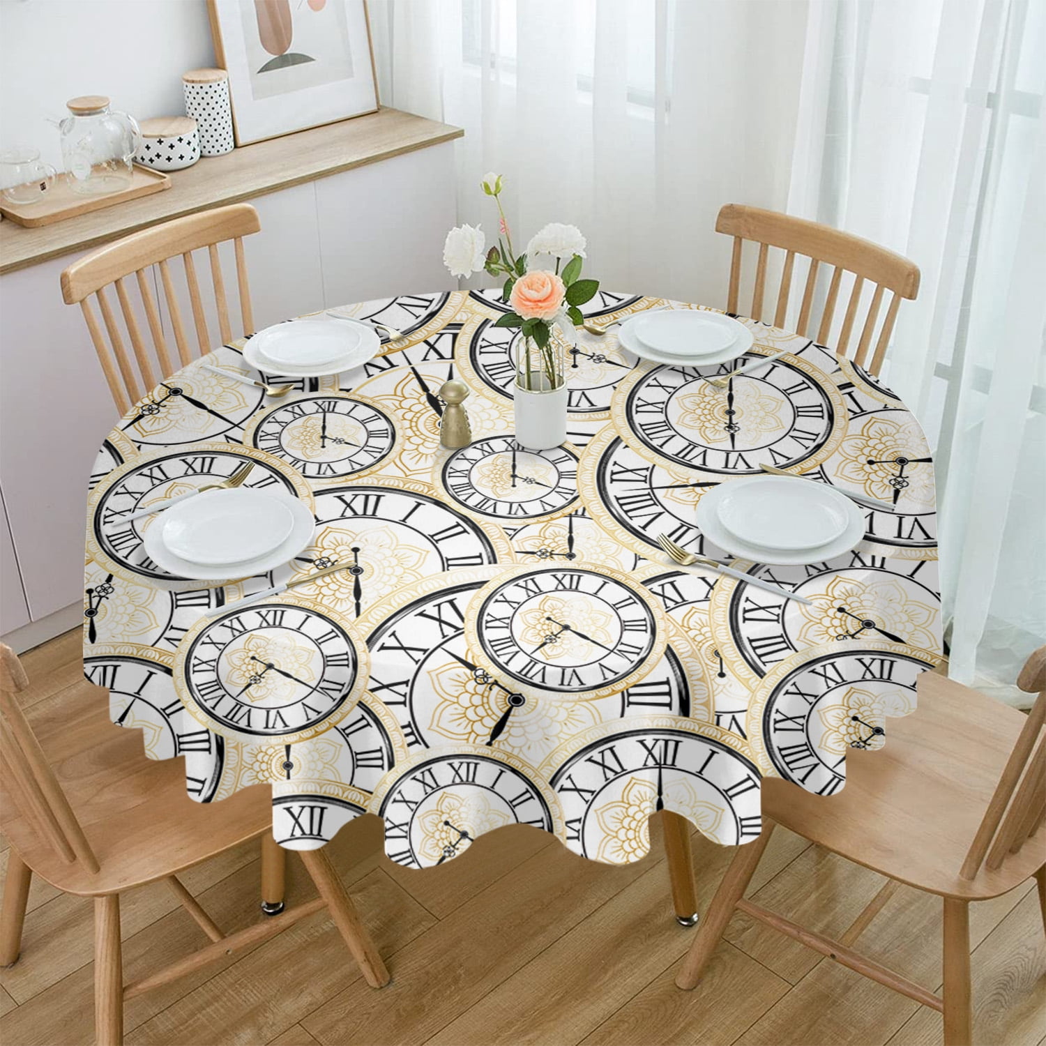 Clock Flower Tablecloths for Dining Table Waterproof Round Table Cover ...