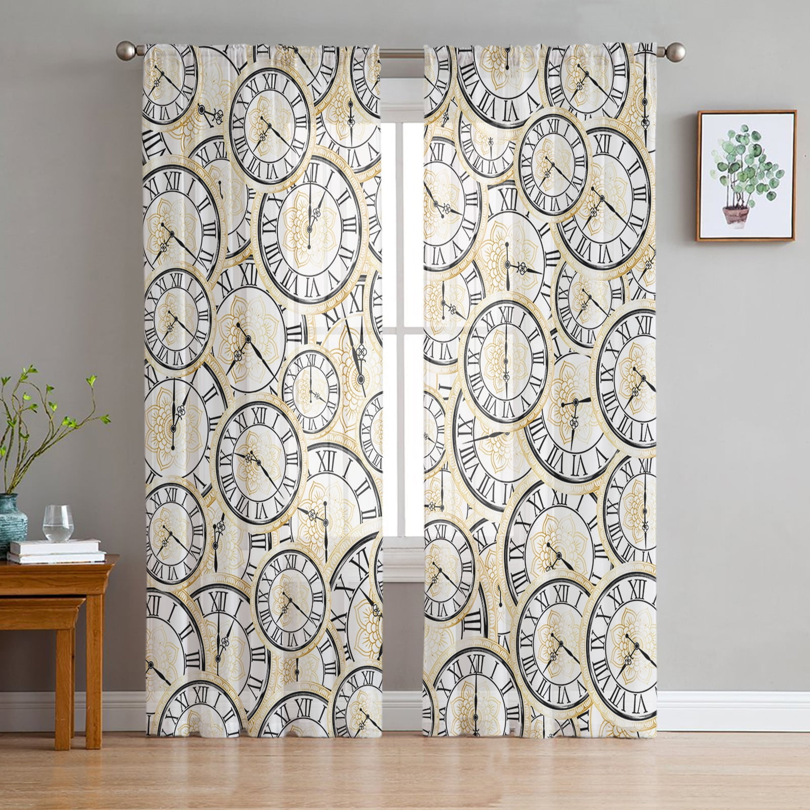 Clock Flower Tulle Curtains for Living Room Sheer Curtain for Bedroom ...