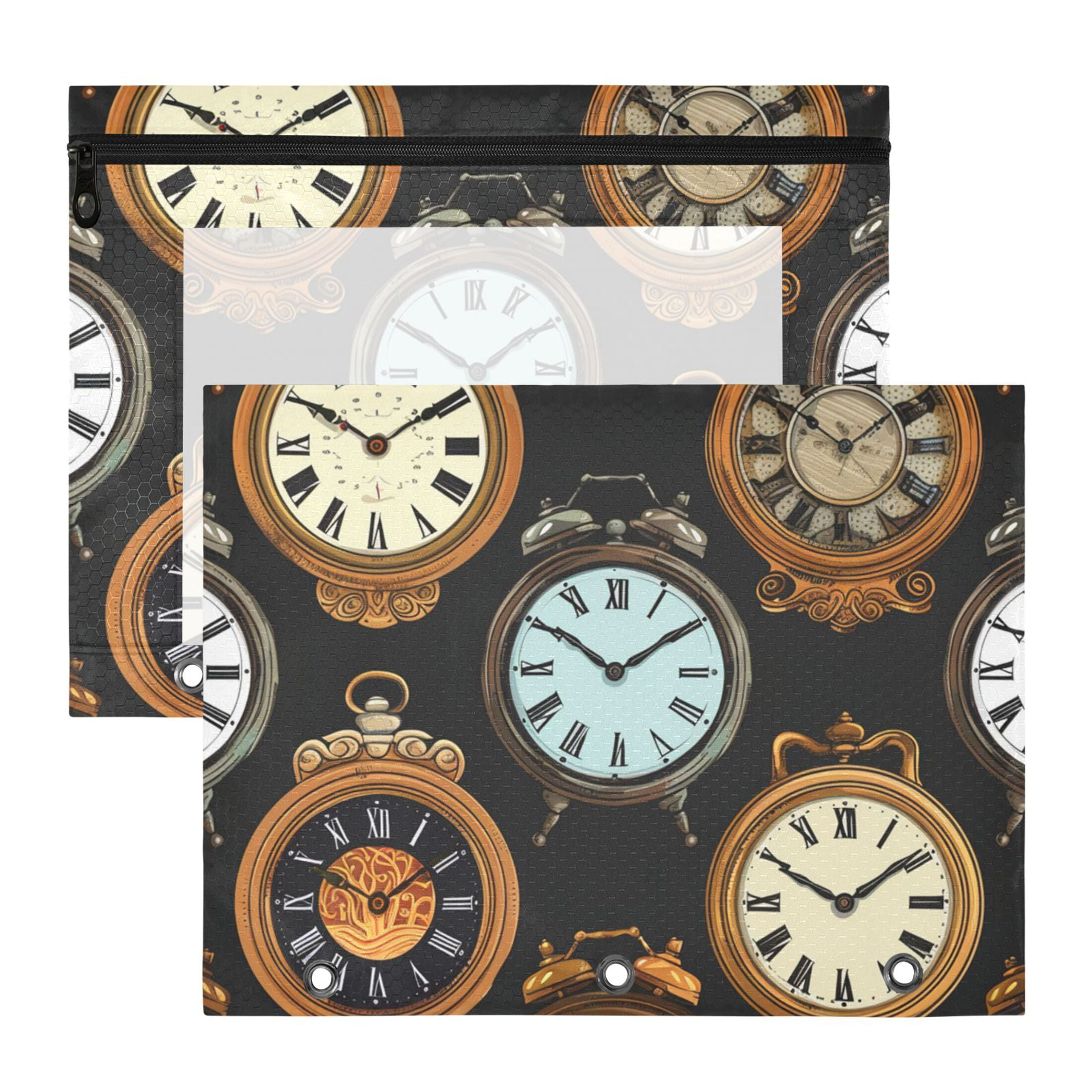 Clock Hand Painted 3-Ring Binder Pouches A4 Size Zipper Pocket File ...