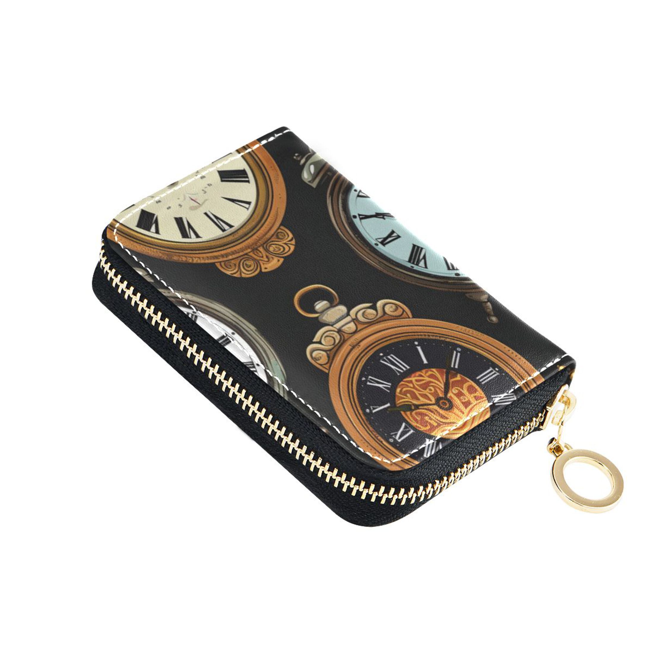 Clock Hand Painted Women's Credit Card Holder PU Leather Zipper Wallet ...