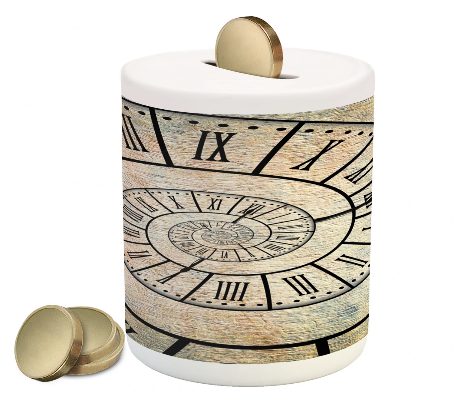 Clock Piggy Bank, Roman Digit Time Spiral on the Vintage Textured ...