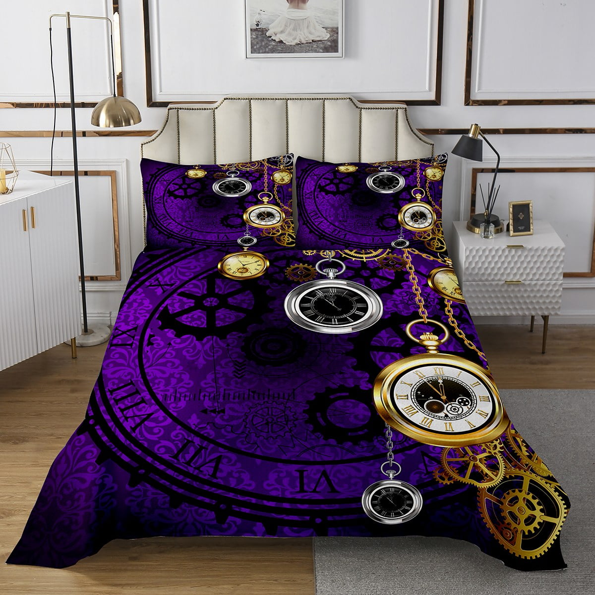 Clock Quilt Set Vintage Grunge Purple Design with Pocket Watches ...