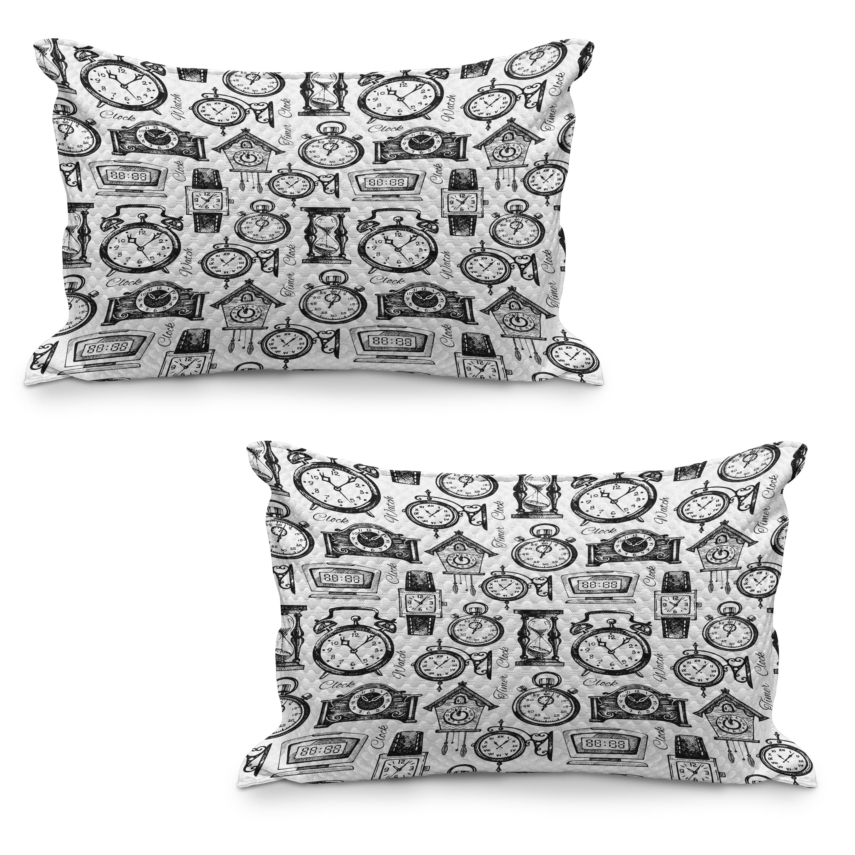 Clock Quilted Pillowcover Set of 2, Hand Drawn Clocks and Watches ...
