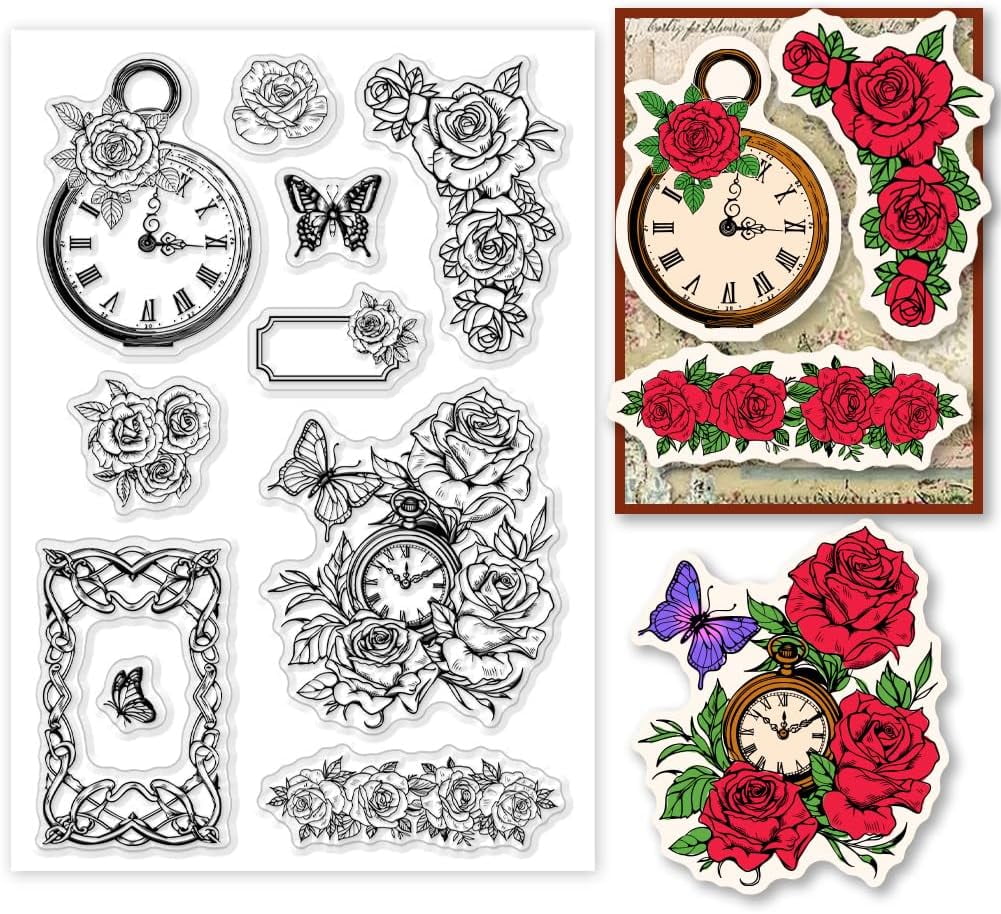 Clock with Rose Clear Stamp Butterfly Silicone Stamp Flower Frame ...