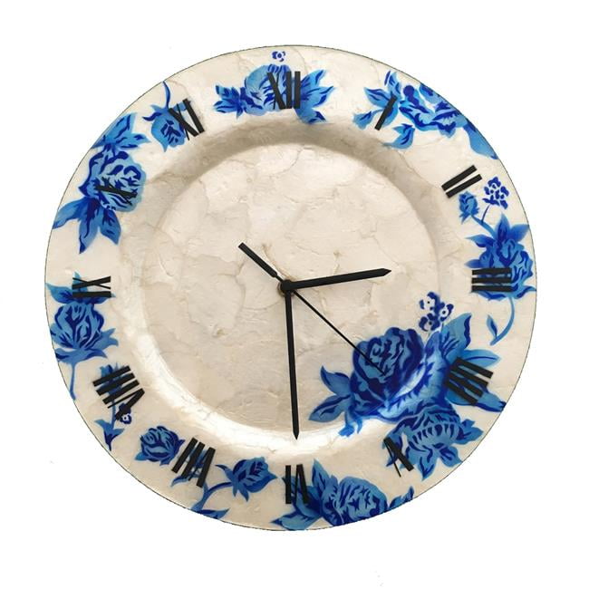 Clock Wall Decor in Capiz Shell with Blue Flowers - Walmart.com