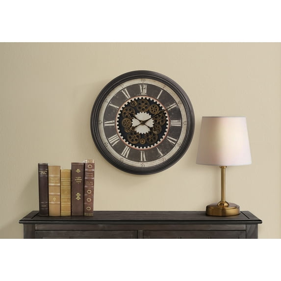 Clocks, 23" Round, Gear Mechanism, Wall Clock, Brown, Transitional ...