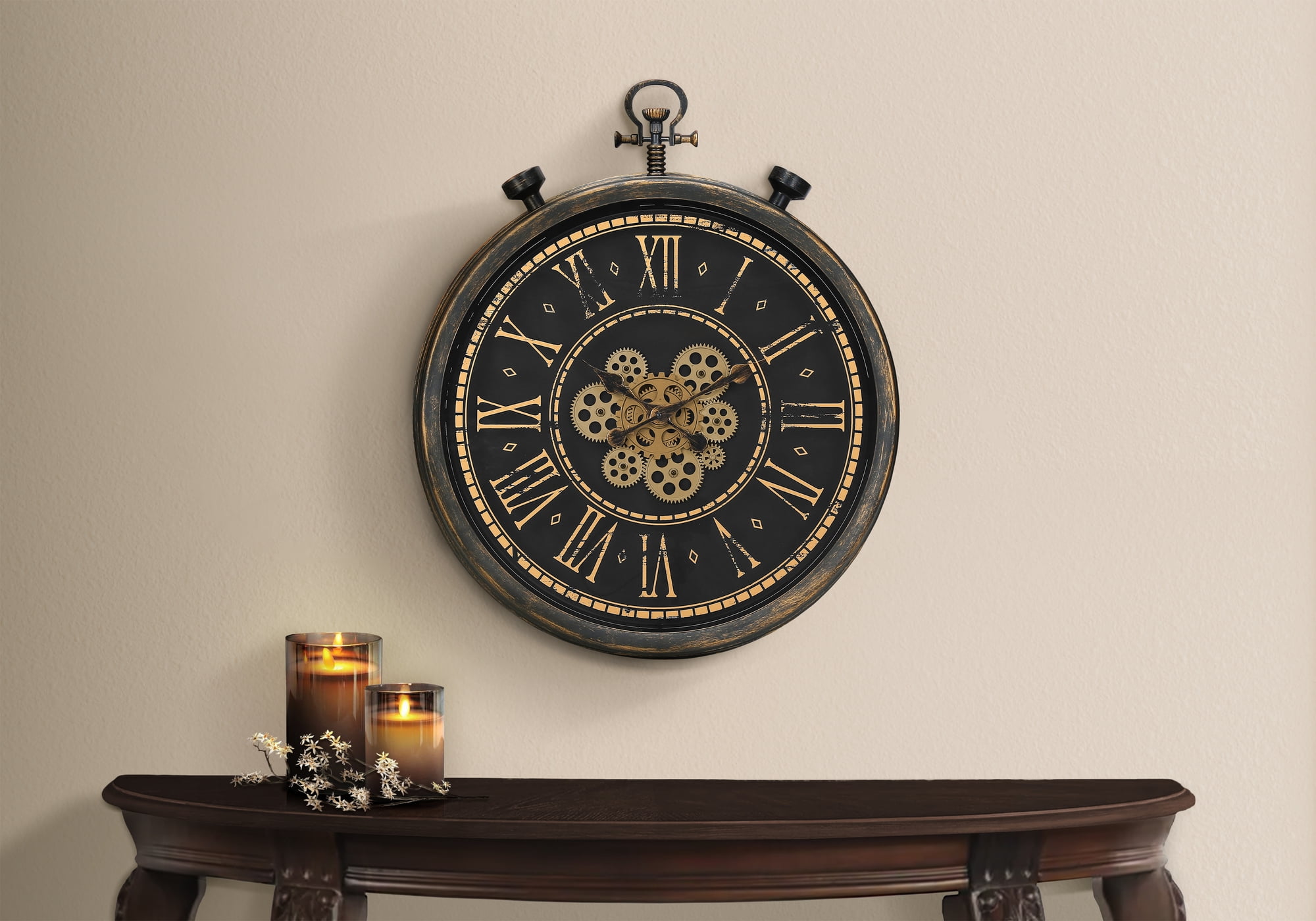 Clocks, 24" Round, Gear Mechanism, Wall Clock, Brown, Transitional ...