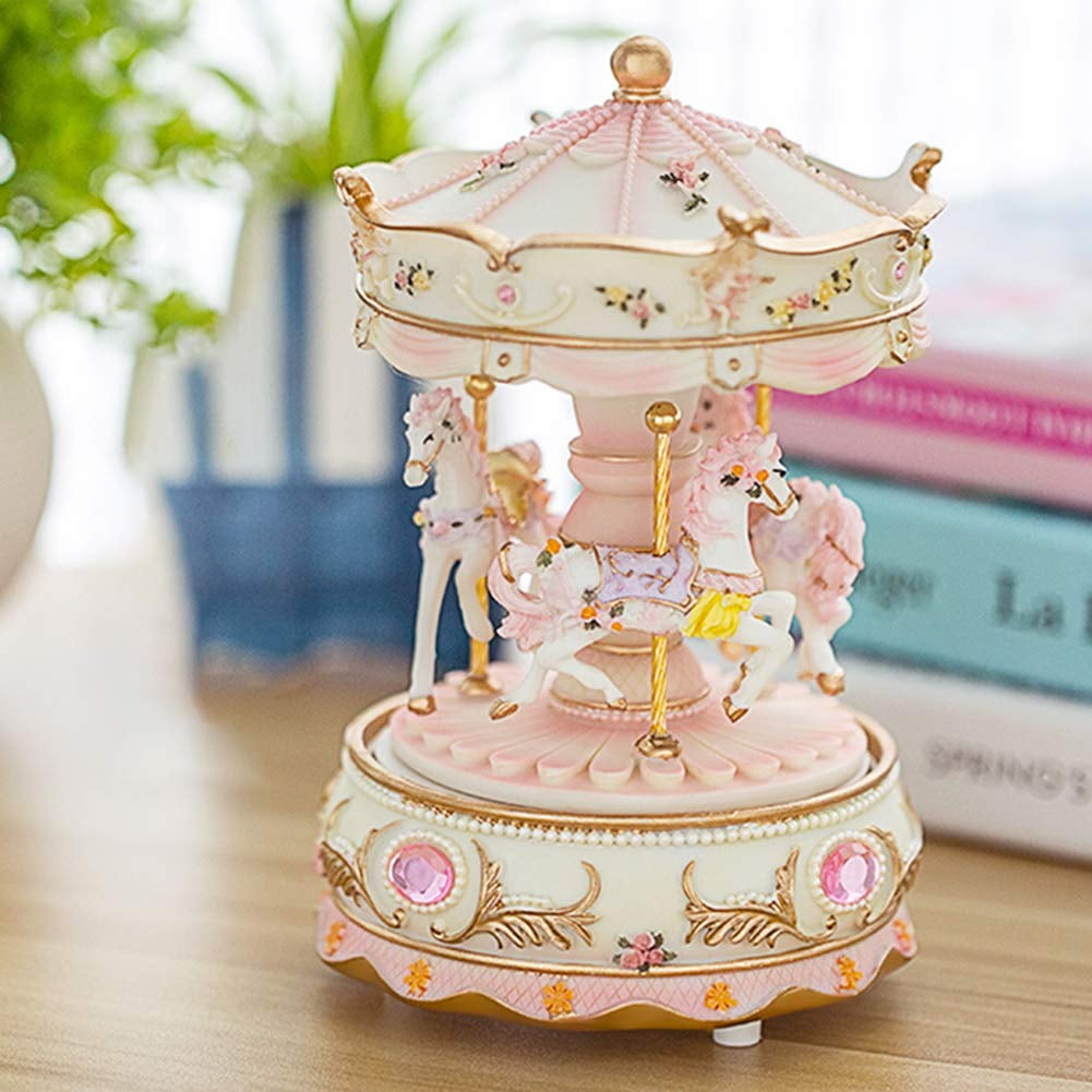 Clockwork Carousel Music Box - 3 Rotating Horses, Color-Changing LED ...