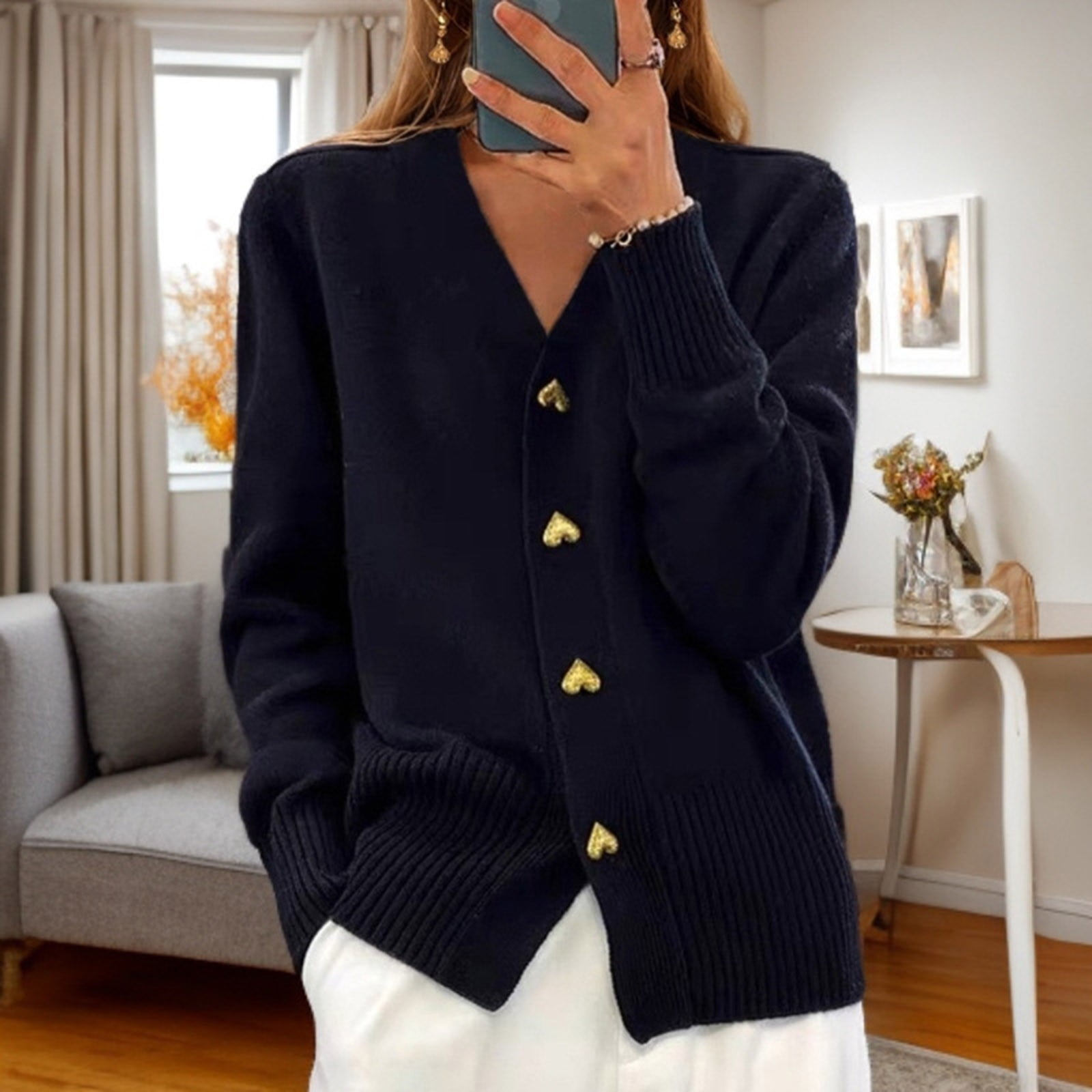 ClodeEU Cardigan Sweaters for Women, V Neck Long Sleeve ,Gold Love ...