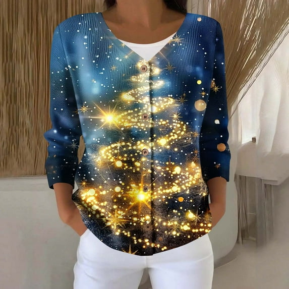 ClodeEU Christmas Print Cardigan For Women, Floral Print Round Neck ...