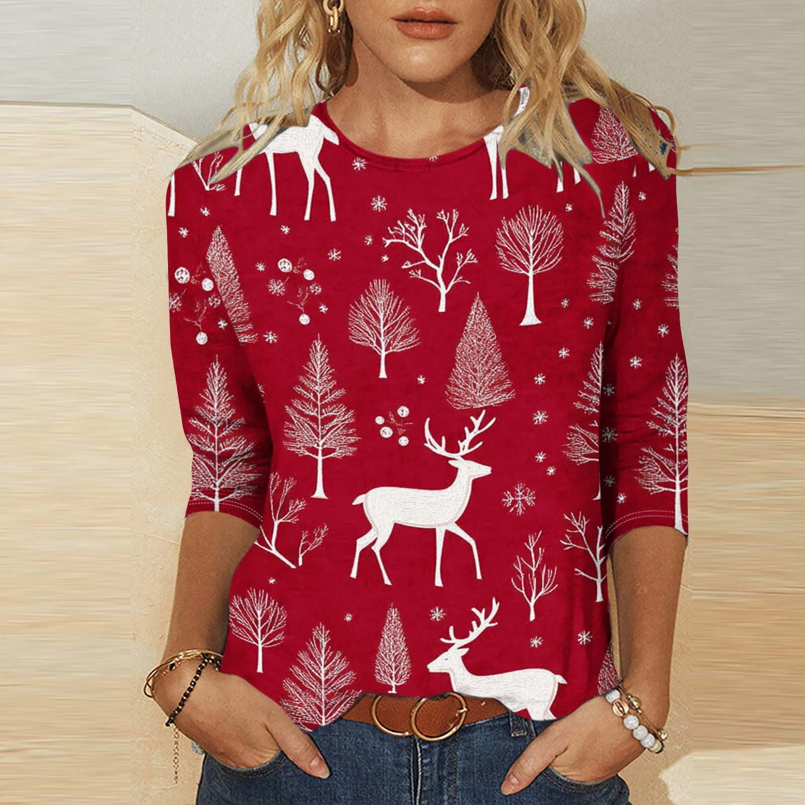 ClodeEU Christmas Tops For Womens，Round Neck Three-Quarter Sleeve ...