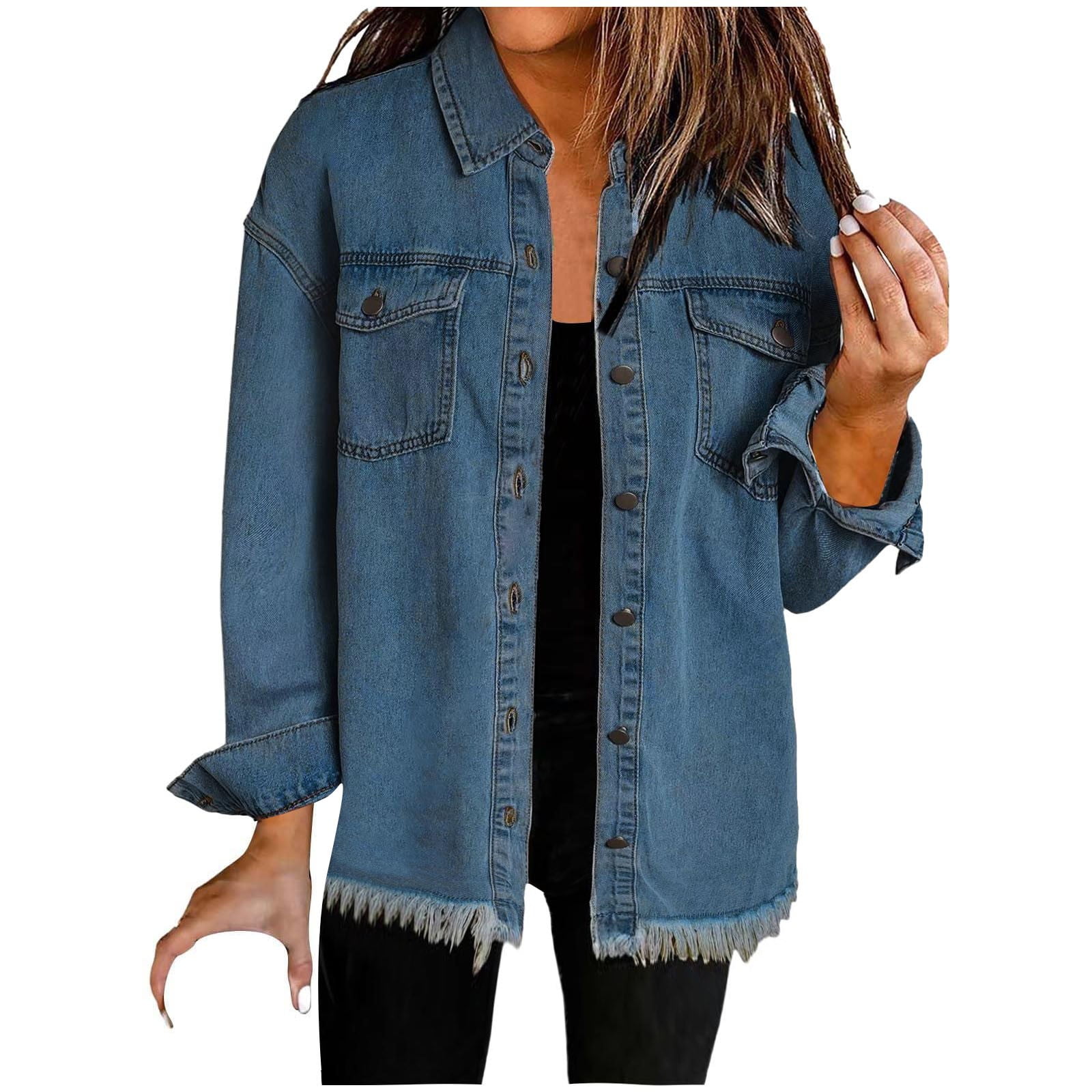 ClodeEU Denim Jacket for Women, Oversized Button Down Casual Denim Coat,Long Sleeve Frayed Hem ...