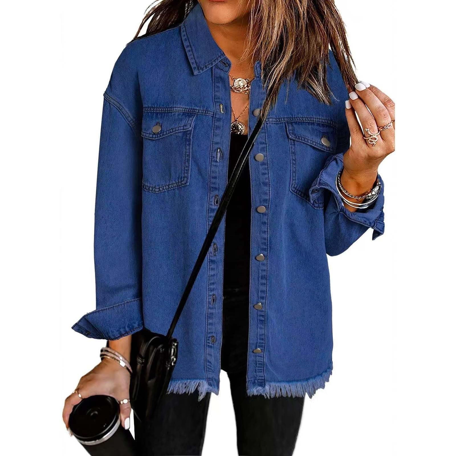 ClodeEU Denim Jacket for Women, Oversized Button Down Casual Denim Coat,Long Sleeve Frayed Hem ...