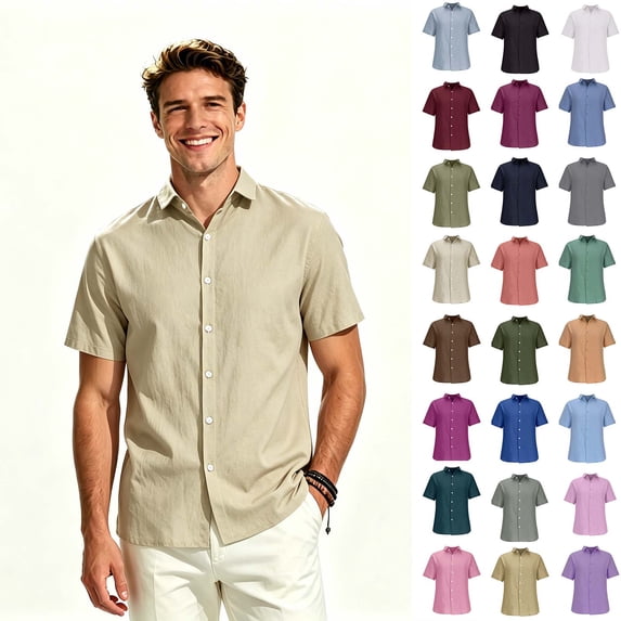 ClodeEU Men’s Button Down Shirt with Short Sleeve,Solid Color Cotton ...
