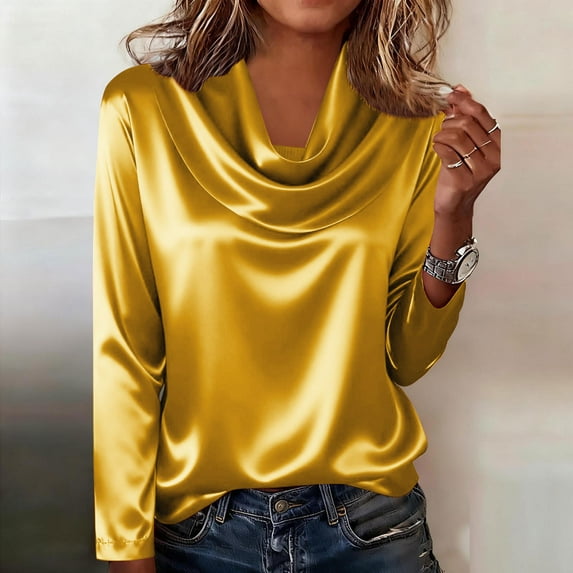 ClodeEU Satin V Neck Long Sleeve Cowl Neck Blouse for Women,Ruched ...