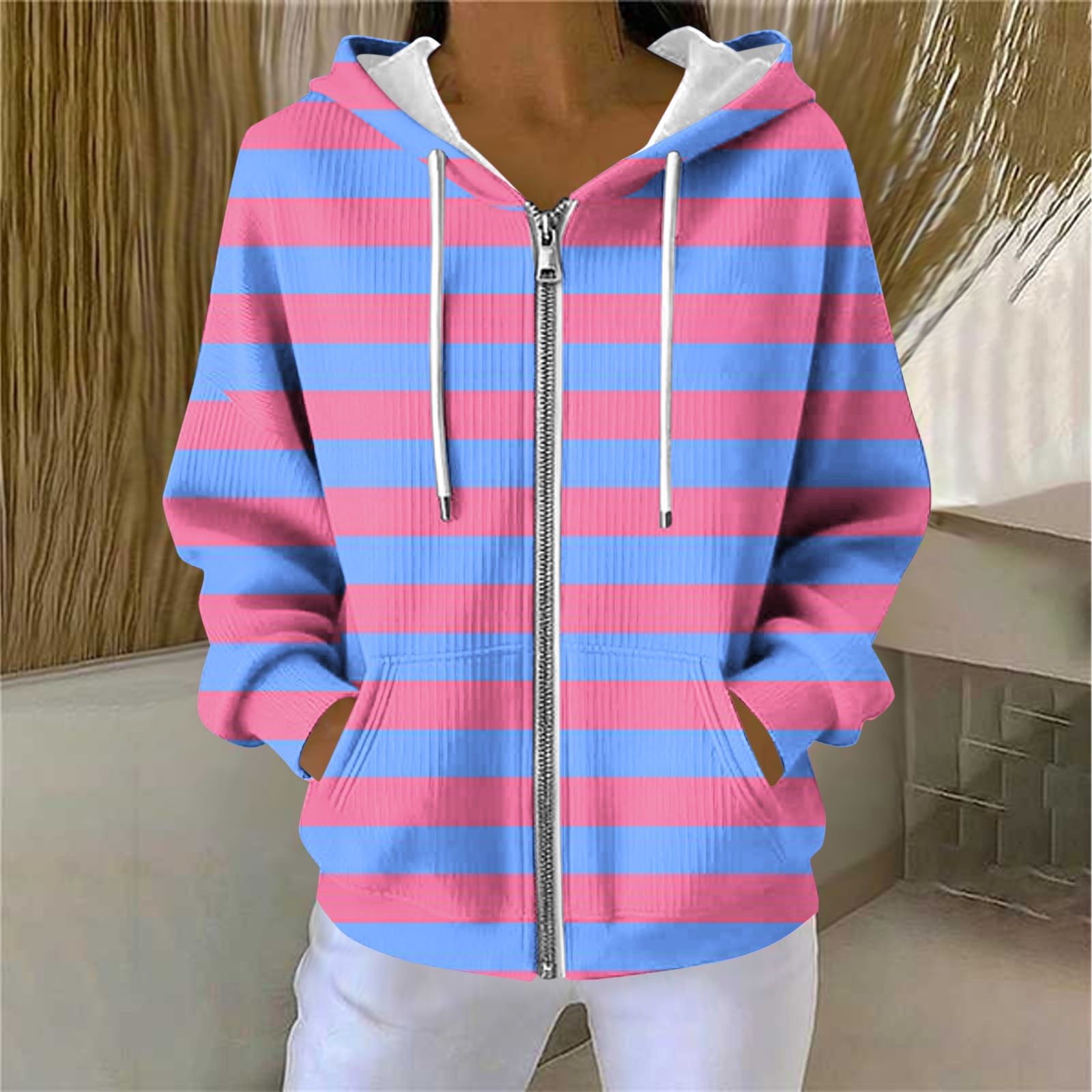 ClodeEU Striped Zip Up Hoodies For Women ,Long Sleeve Loose Casual Drop ...