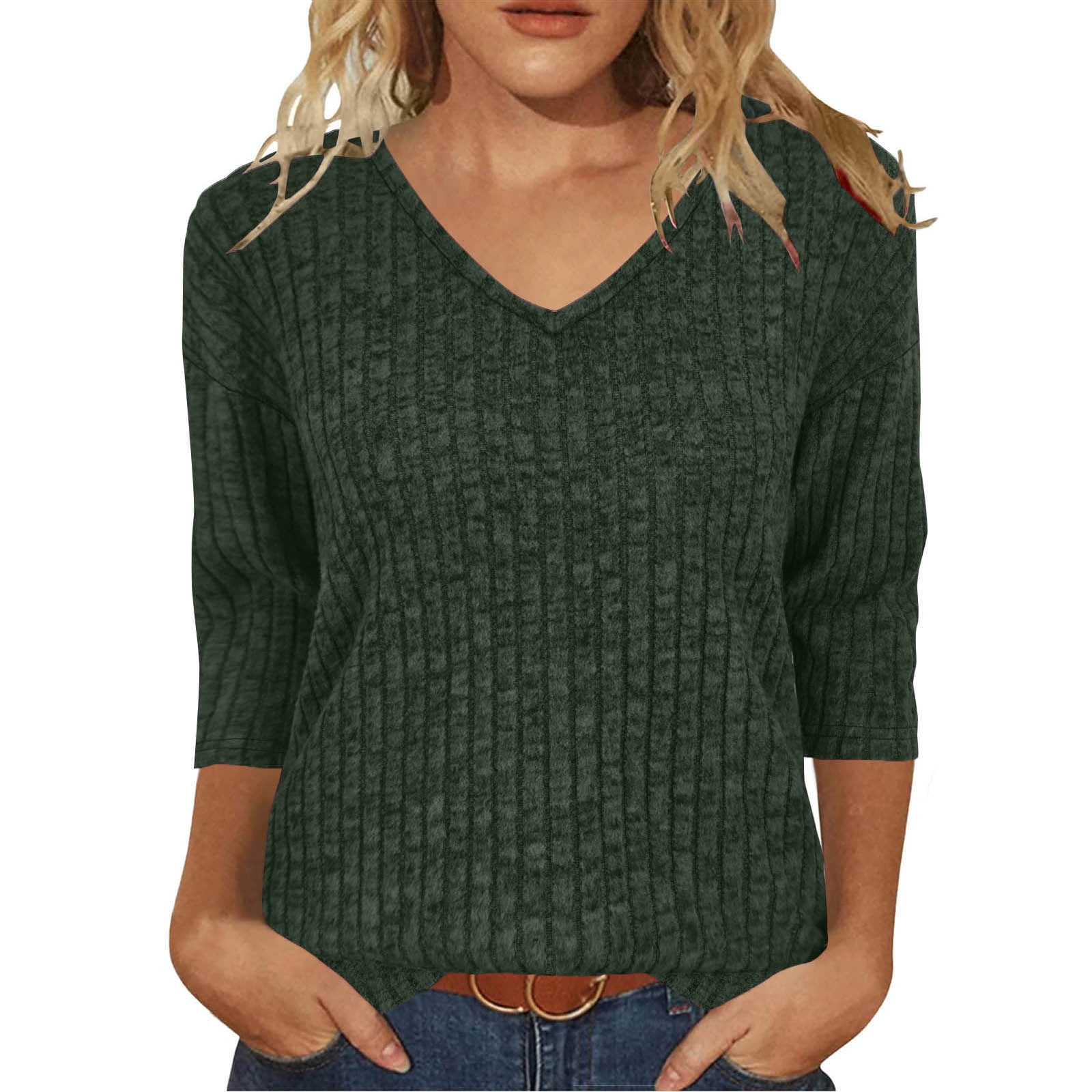 ClodeEU V Neck Long Sleeve Shirts for Women,Casual Ribbed Loose Fit ...