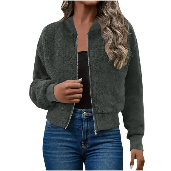 ClodeEU Women Cropped Fleece Jacket,Long Sleeve Faux Fuzzy Zip Up Plush ...
