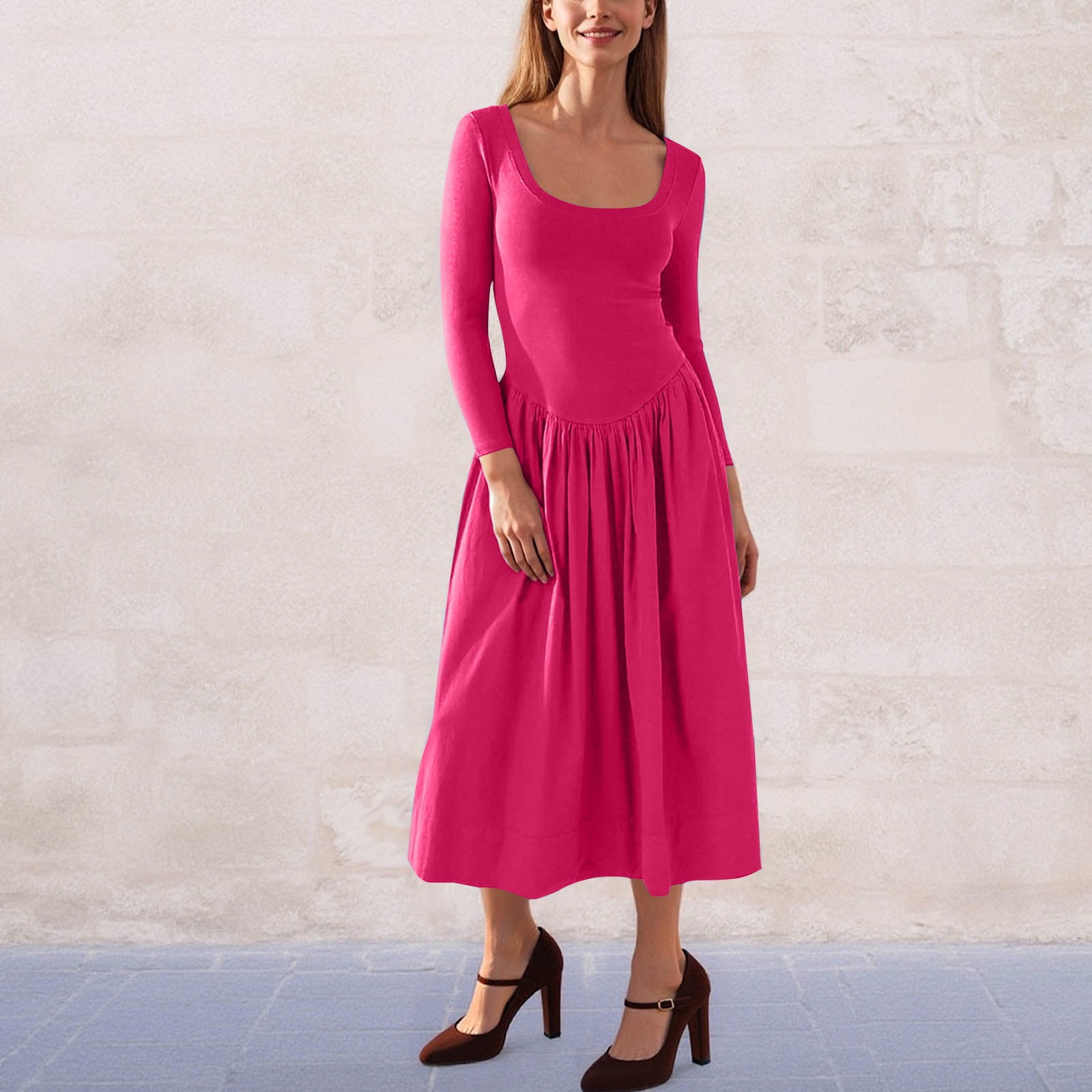 ClodeEU Women Long Sleeve Square Neck Maxi Dress,A Line Pleated Flowy ...