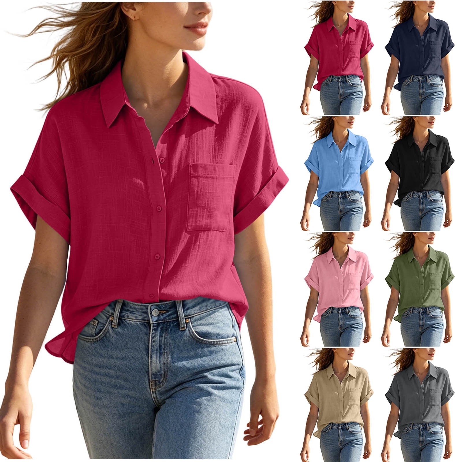 ClodeEU Women's Button Down Short Sleeve Shirt,Casual Loose Fit Solid ...