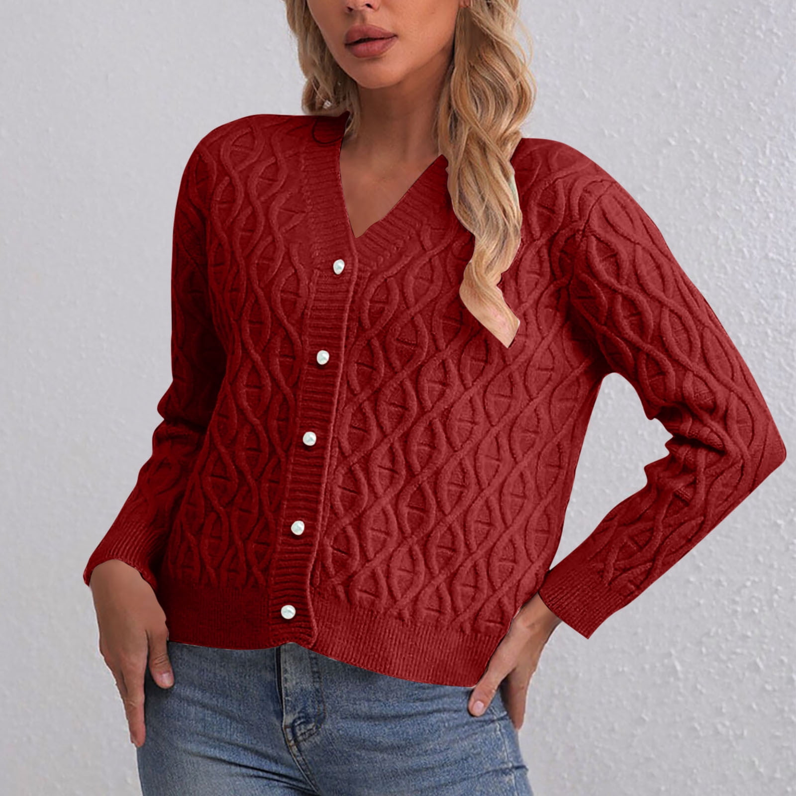 ClodeEU Women's Cable Knit V Neck Lightweight Soft Button Sweaters ...