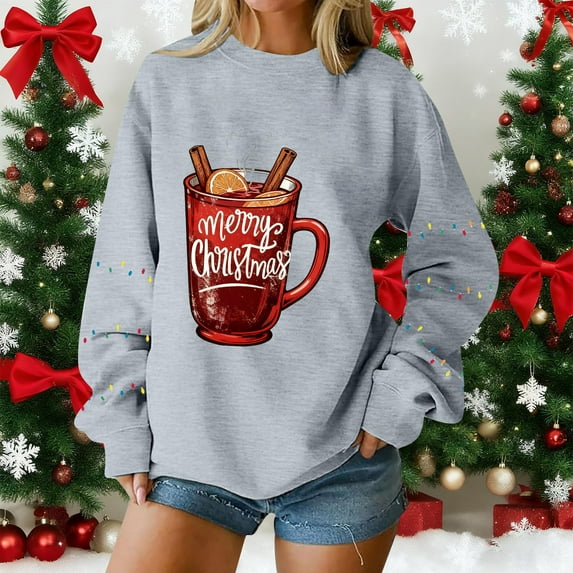 ClodeEU Women's Christmas Cat Print Sweatshirt ,Round Neck Print Long ...