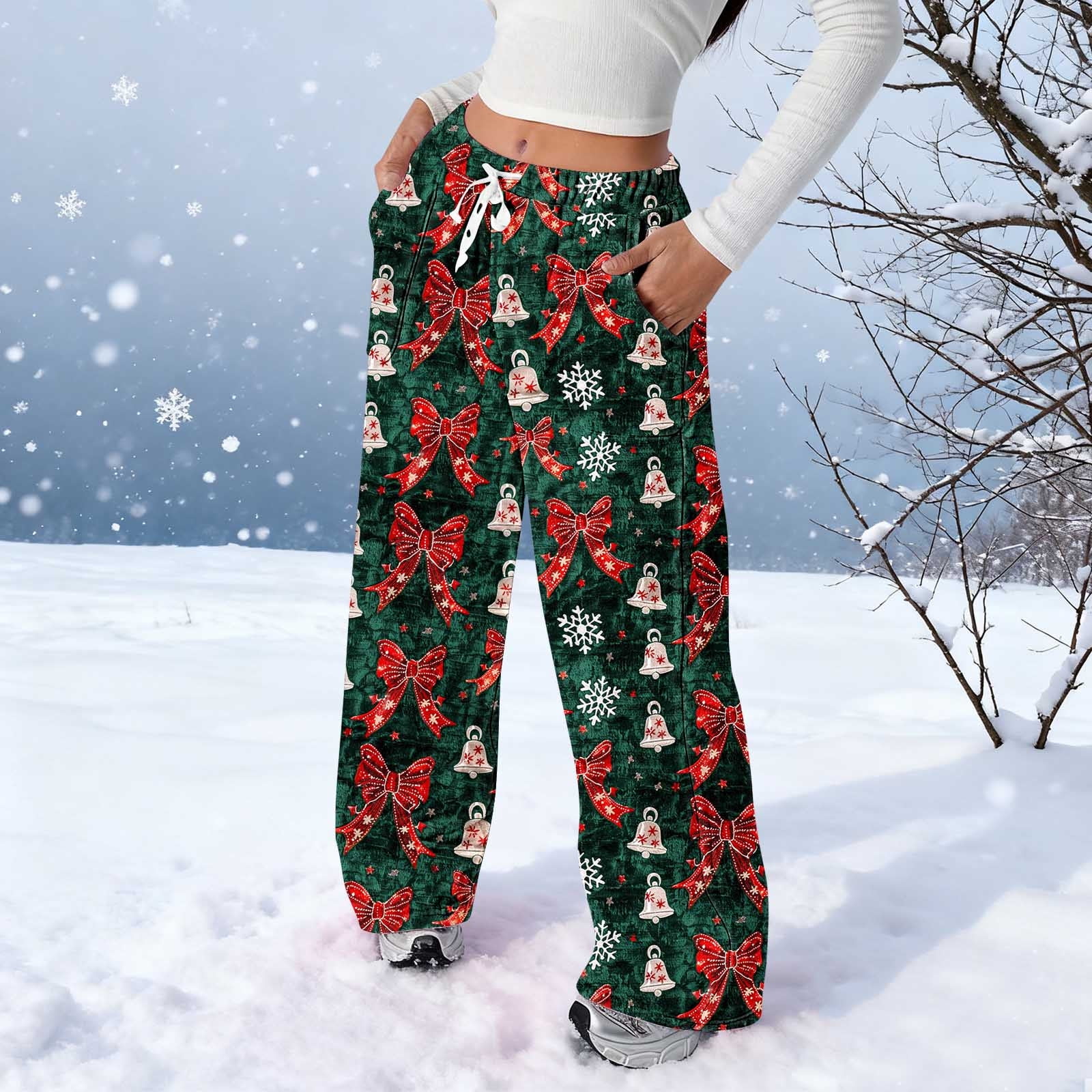ClodeEU Women's Christmas Print Flannel Pants With Pockets ,Elastic ...