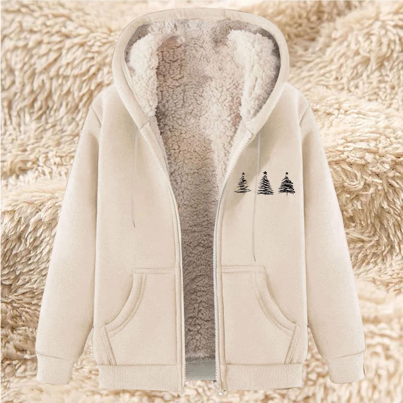 ClodeEU Women's Christmas Print Fleece Lined Hoodie Coat,Long Sleeve ...