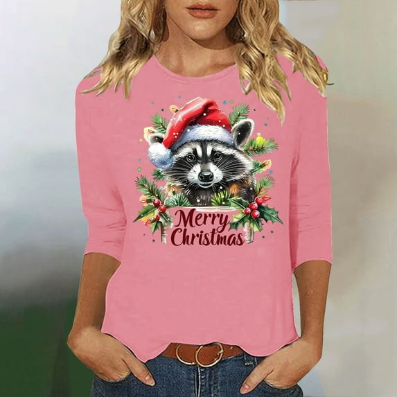 ClodeEU Women's Christmas Print Sweatshires,t Round Neck 3/4 Sleeve ...