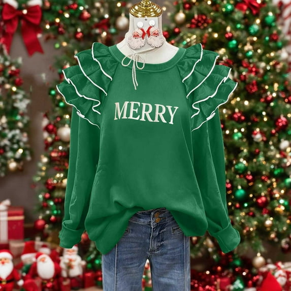 ClodeEU Women's Christmas Print Sweatshirt ,Ruffle Long Sleeve Round ...