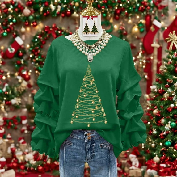 ClodeEU Women's Christmas Tree Print Sweatshirt ,Ruffle Long Sleeve ...