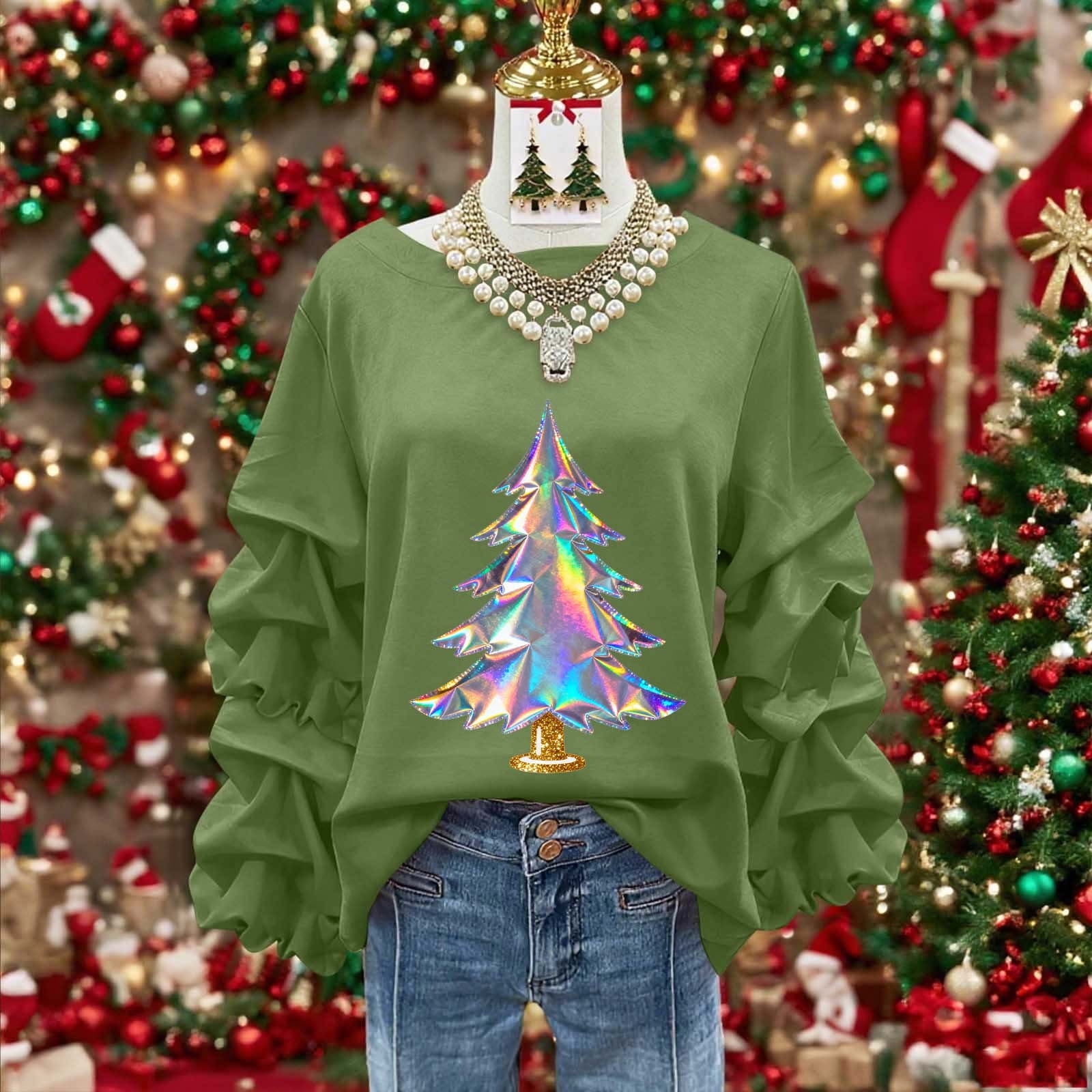 ClodeEU Women's Christmas Tree Print Sweatshirt ,Ruffle Long Sleeve ...