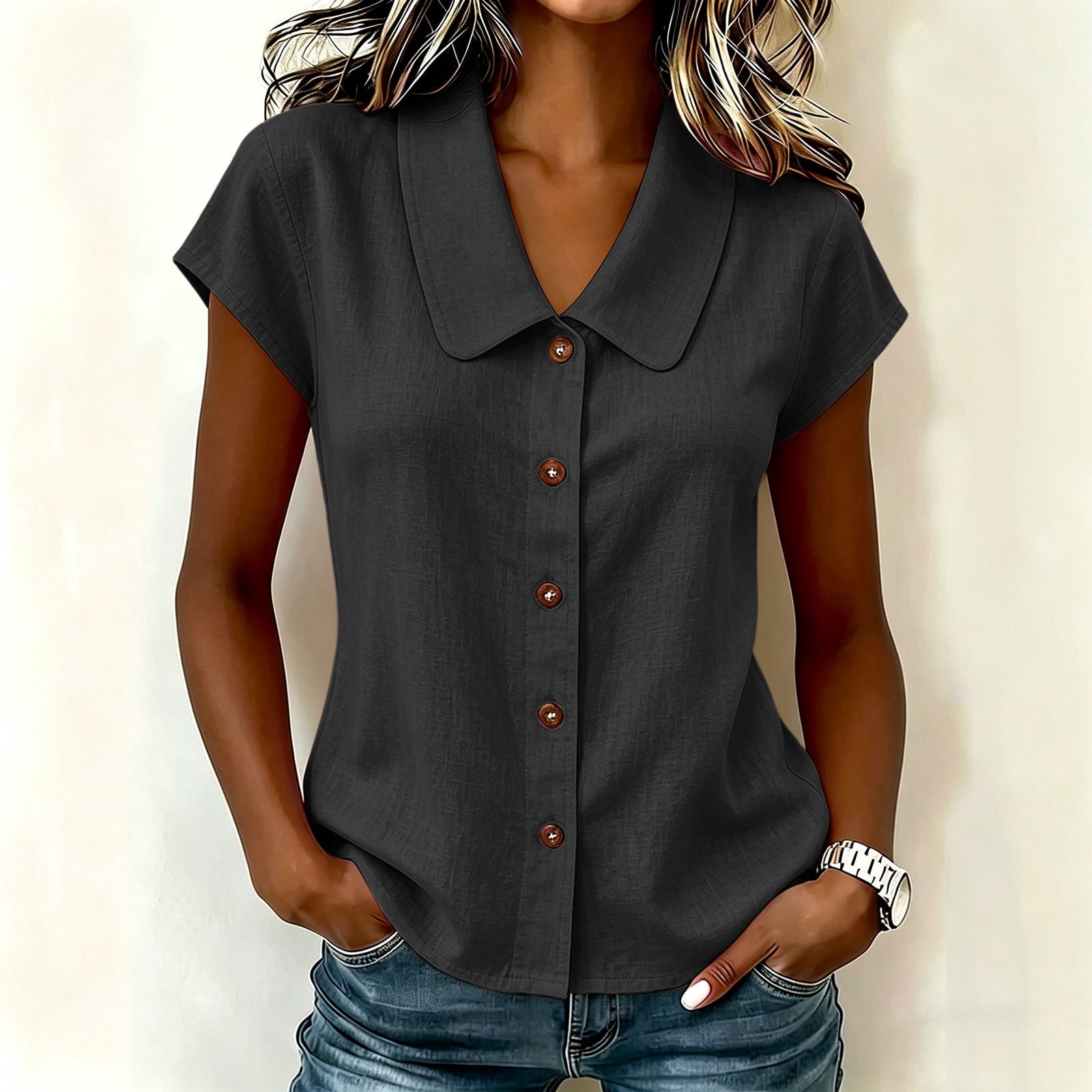 ClodeEU Women's Collar Cap Short Sleeve Button Down Blouse,Casual Loose ...