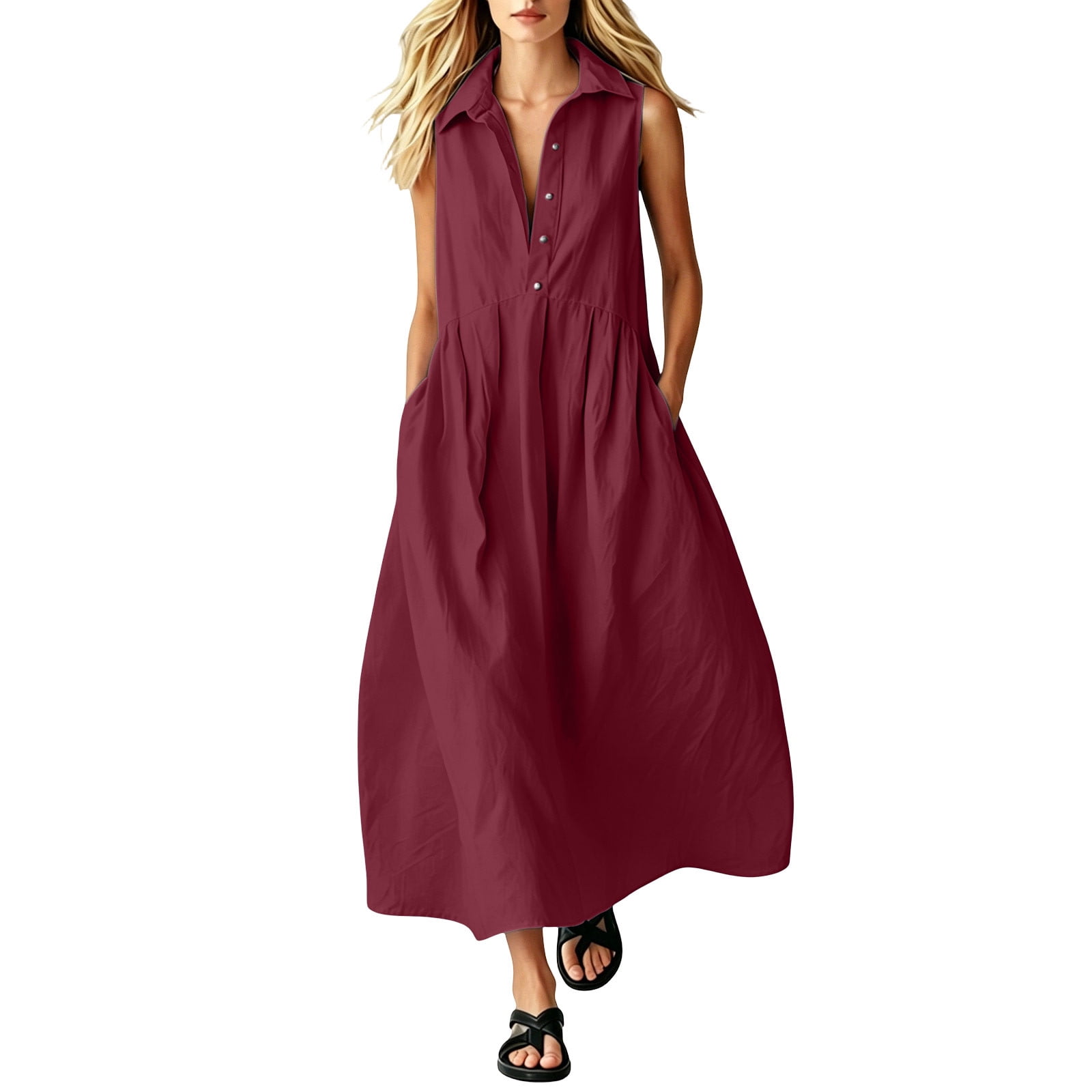 ClodeEU Women's Collar Sleeveless Button Linen Midi Shirt Dress,Casual ...