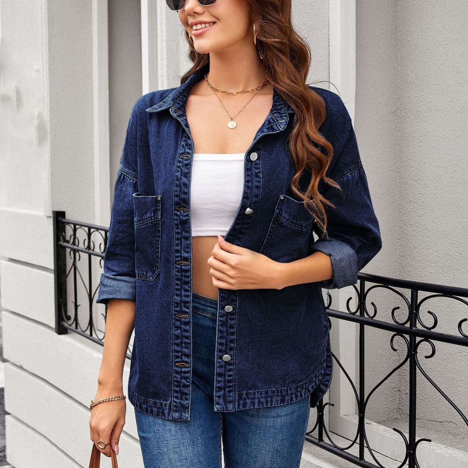 ClodeEU Women's Collared Button Down Long Sleeve Denim Jacket,Casual ...