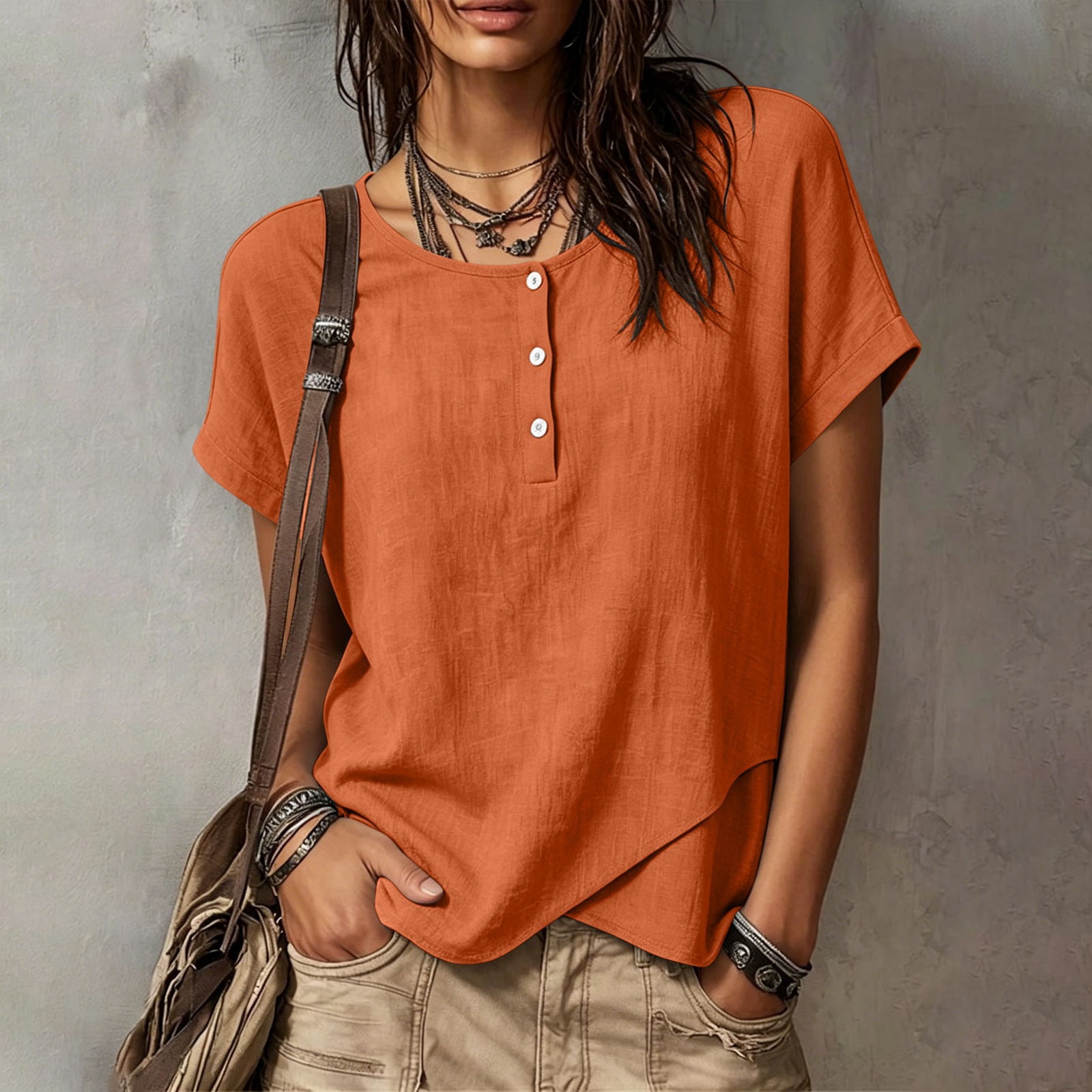 ClodeEU Women's Crew Neck Button Short Sleeve T-shirt,Solid Color ...