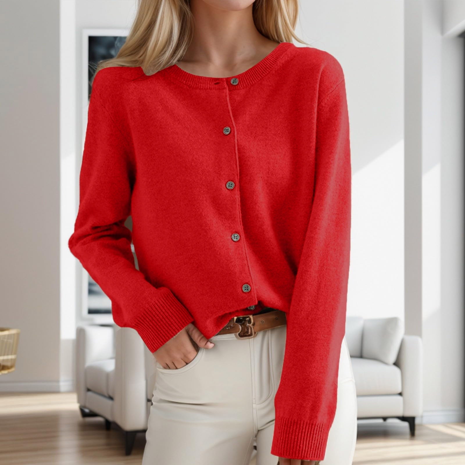 ClodeEU Women's Crew Neck Cardigan ,Long Sleeve Sweater for Women ...