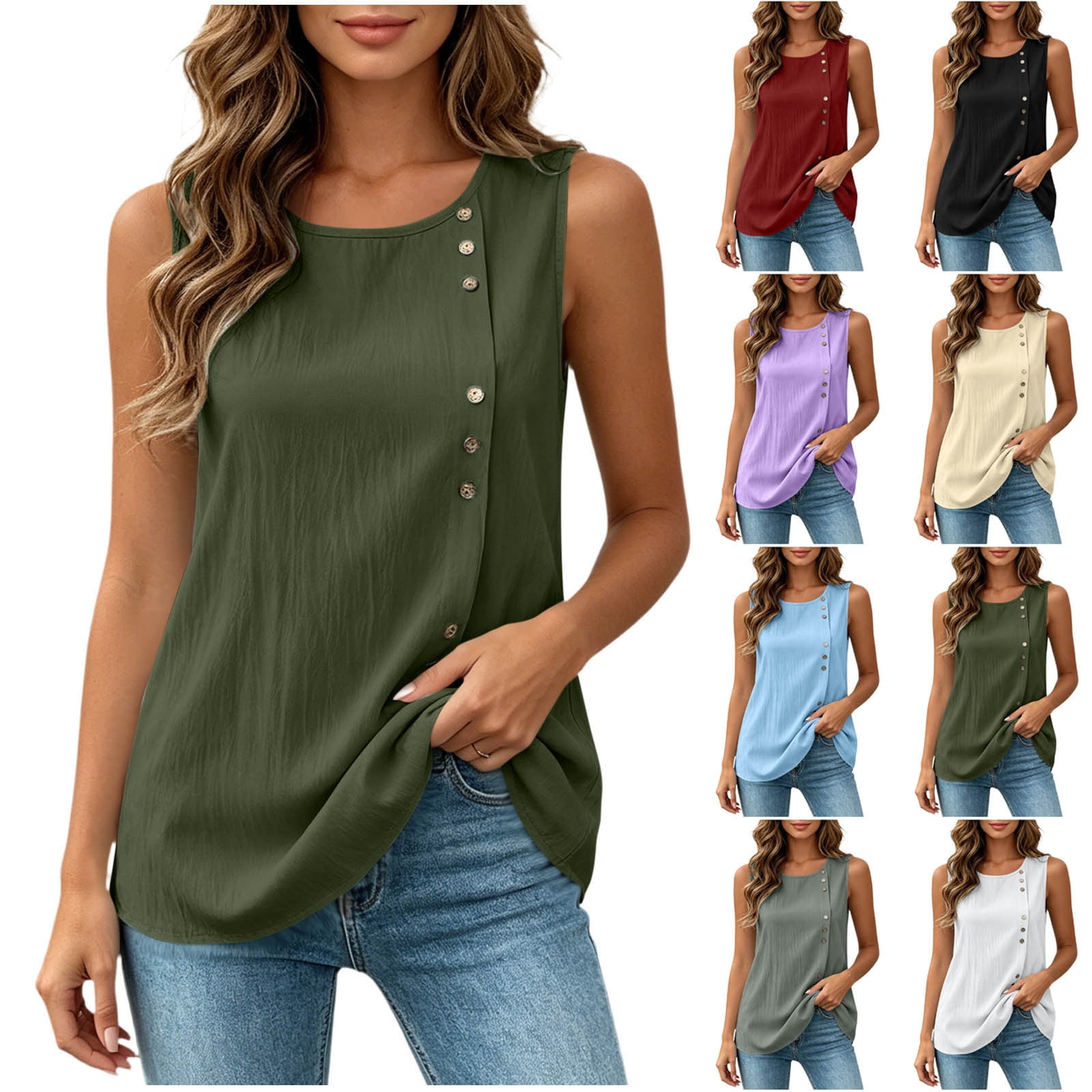 ClodeEU Women's Crew Neck Sleeveless Button Tank Top,Casual Loose Fit ...